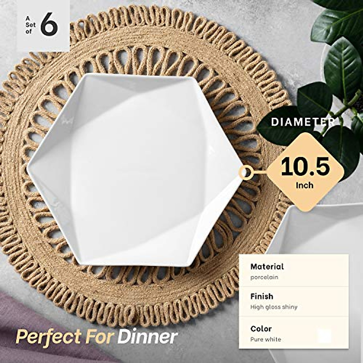MITBAK 10.5" Bone China Dinner Plates | Set of 6 Elegant Diamond Shaped Natural White Dinnerware Set For Dinner, Holidays, Restaurant, Salad, Dessert | White Dishes Make An Excellent Gift Idea