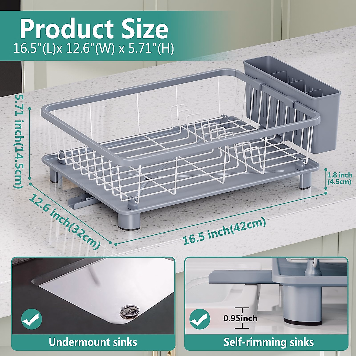Hiviweer Dish Drying Rack - Space-Saving Dish Rack,Dish Racks for Kitchen Counter with Drainboard, Rustproof Dish Drainer with a Removable 4-Compartment Utensil Holder,Gray