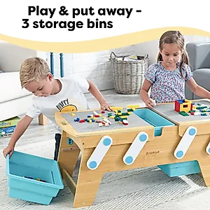 KidKraft Building Bricks Play N Store Wooden Table, Children's Toy Storage with Bins, 200+ Building Blocks Included, Natural, Gift for Ages 3+