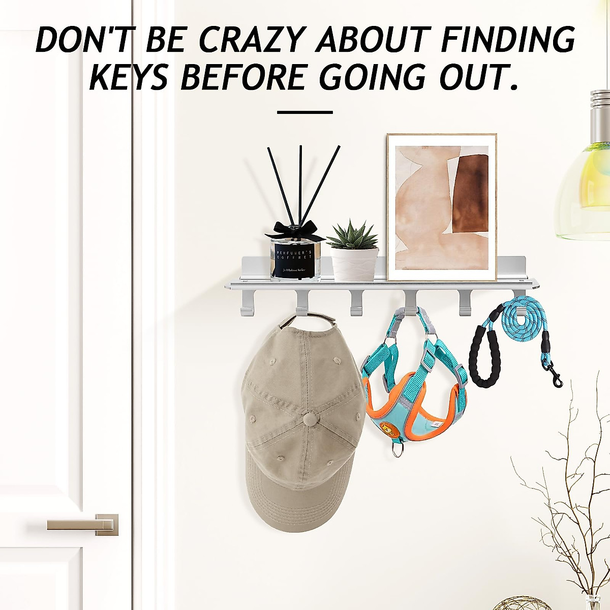 Wall Hooks with Shelf, Small Rustic Wood Key Rack with 6 Hooks, Metal Coat Rack with Shelf Wall-Mounted, Entryway Hanging Shelf, Organizer for Living Room Bedroom Bathroom Office Home Decor(Silvery)