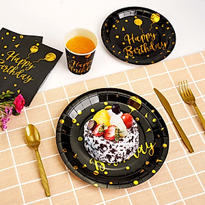 200 pieces of black and gold birthday party supplies, disposable happy birthday tableware set, gold plastic knives, forks, spoons, straws. Birthday themed tray, cup,25Guests (black)