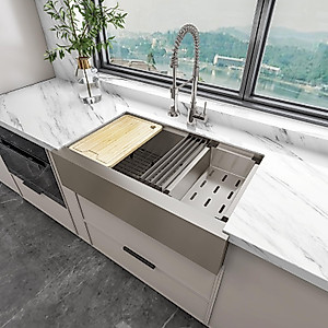 Sinber 33" x 20" x 10" Farmhouse Apron Single Bowl Workstation Kitchen Sink with 16 Gauge 304 Stainless Steel Satin Finish 6 Accessories KSS0005S-OK