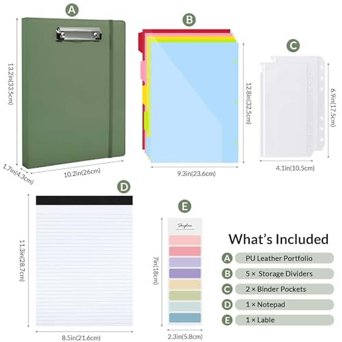 SKYDUE 3 Ring Binder with Clipboard, 1 Inch Binder, 13.2" × 10.2" PU Clipboard Binder with Notepad & 5 Dividers with 10 Pockets, Labels, Clipboard Folder Great for School Office (Fit A4/Letter Size)