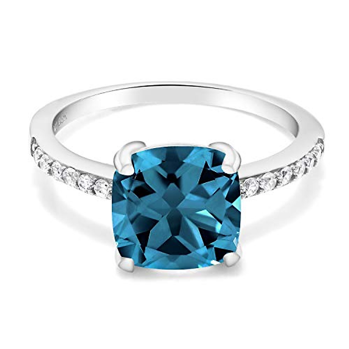 Gem Stone King 2.86 Cttw London Blue Topaz Engagement Ring For Women In 925 Sterling Silver | Cushion Cut 8MM | Gemstone Birthstone | Available In Size 5,6,7,8,9