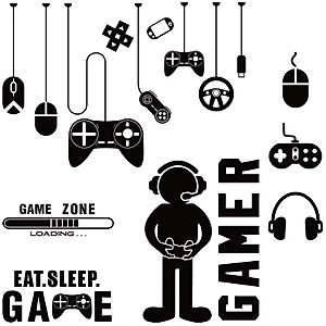 Gamer Sticker, Eat Sleep Game Wall Decal,Gamer with Controller Wall Decal, Game Zone, Video Game, Wall Stickers Mural for Home, Playroom Bedroom Decoration (Black)
