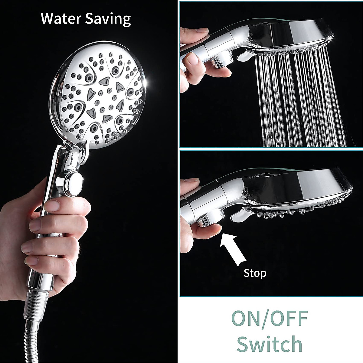 WHZeffect Handheld Shower Heads with ON/OFF Switch,Extra Long 79-inch Hose 8 Spray Settings High Pressure Detachable Showerhead,Built-in Power Sprayer to Clean Pets, Adjustable Angle Bracket,Silver