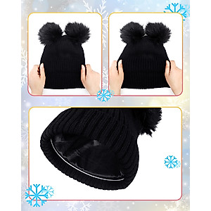 2 Pieces Satin Lined Winter Hats Women Pom Beanies Winter Knitted Pom Hat Touchscreen Gloves Set for Women Girls