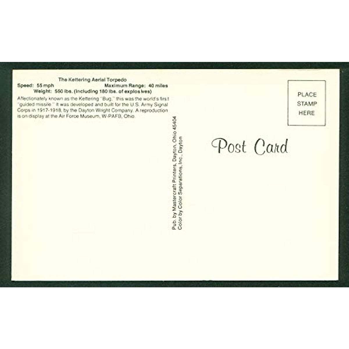 Kettering Aerial Torpedo BUG First Guided Missile U.S. Army Signal Corps Postcard