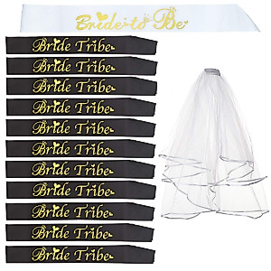Bride Tribe Bridesmaids Sashes Sets Bachelorette Party Decorations Supplies Bridal Shower Favors Gift (Black, 12 Sash with 1 Veil)
