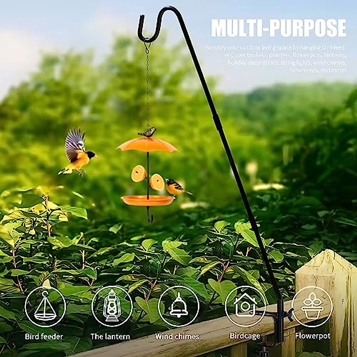 Juegoal Heavy Duty Deck Hook with 2 Inch Non Slip Clamp, 25 to 36 Inch Extended Reach Deck Hook, Adjustable Rail Pole Plant Bracket for Hanging Bird Feeder, Plants, Lanterns, Wind Chimes