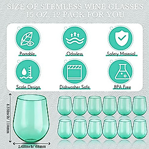 Zubebe 12 Pack 15oz Plastic Stemless Wine Glasses Bulk Colored Unbreakable Reusable Wine Glasses Shatterproof Drinking Glasses Drinkware for Indoor Outdoor Dining Wine Supplies (Green)