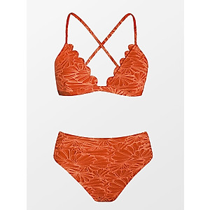 CUPSHE Bikini Set for Women Bathing Suit High Waisted Scalloped V Neck Two Pieces Swimsuit, L Coral Orange