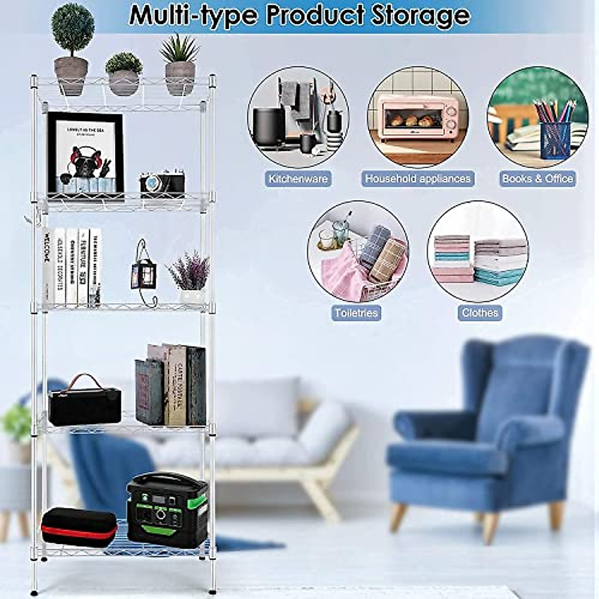 5-Shelf Shelving Units and Storage Heavy Duty, Wire Adjustable Shelf Utility Commercial Steel Organizer, Metal Shelves Wire Rack with 4 Hooks for Kitchen Bathroom Office and Garage, Set of 2 (Silver)