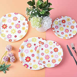 United-Unicorns 48 PCS Groovy Retro Daisy Party Plates - Hippie Boho Flower Round Disposable Plates for 60s and 70s Themed Parties, Birthdays, Baby Showers, Weddings, and Bridal Tableware