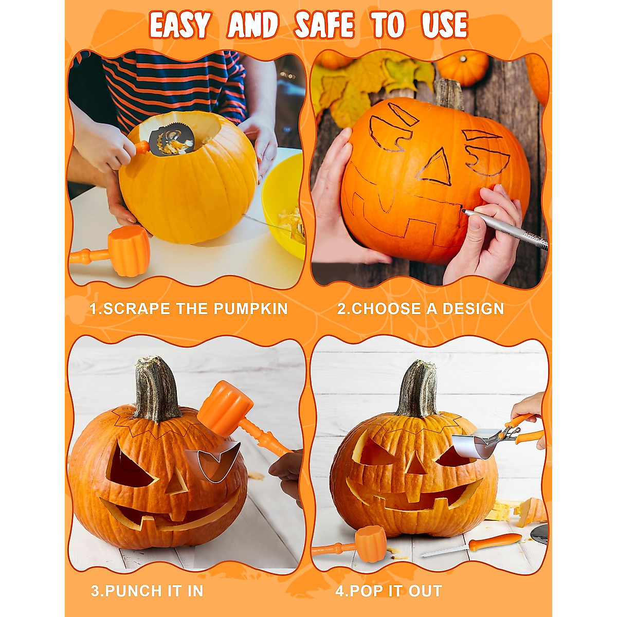 Pumpkin Carving Kit Tools 27 PCS Safe & Easy for Kids, Sturdy Halloween Pumpkin Carving Set with Stainless Steel Carve Stencils & Hammer for DIY Halloween Decoration Jack O Lanterns