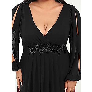 Ever-Pretty Plus Women's Plus Size A-line Floor-Length Long Sleeves V Neck Formal Party Dress Black US20