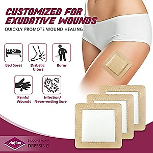 Silicone Foam Dressing with Gentle Adhesive Border 4'' x 4'' 10 Pack, High Absorbency Foam Wound Bandage for Bed Sore, Pressure Ulcer, Diabetic Foot Ulcer, Leg Ulcer