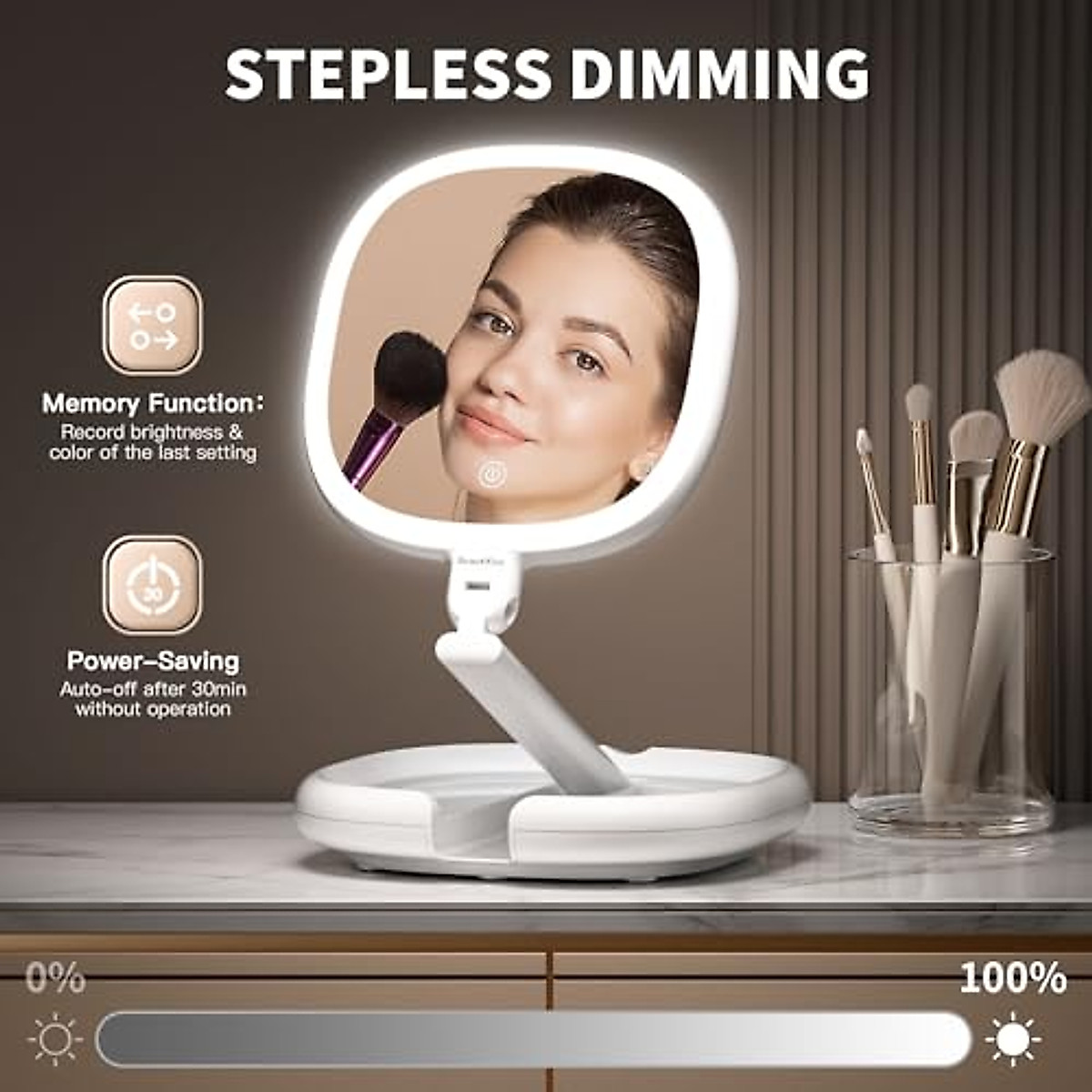 Beautifive Makeup Mirror with Light and Magnification, 10X/1X Light Up Makeup Mirror Travel Lighted Make Up Mirror with Adjustable Height Double Sides Folding Magnifying Mirror with Light