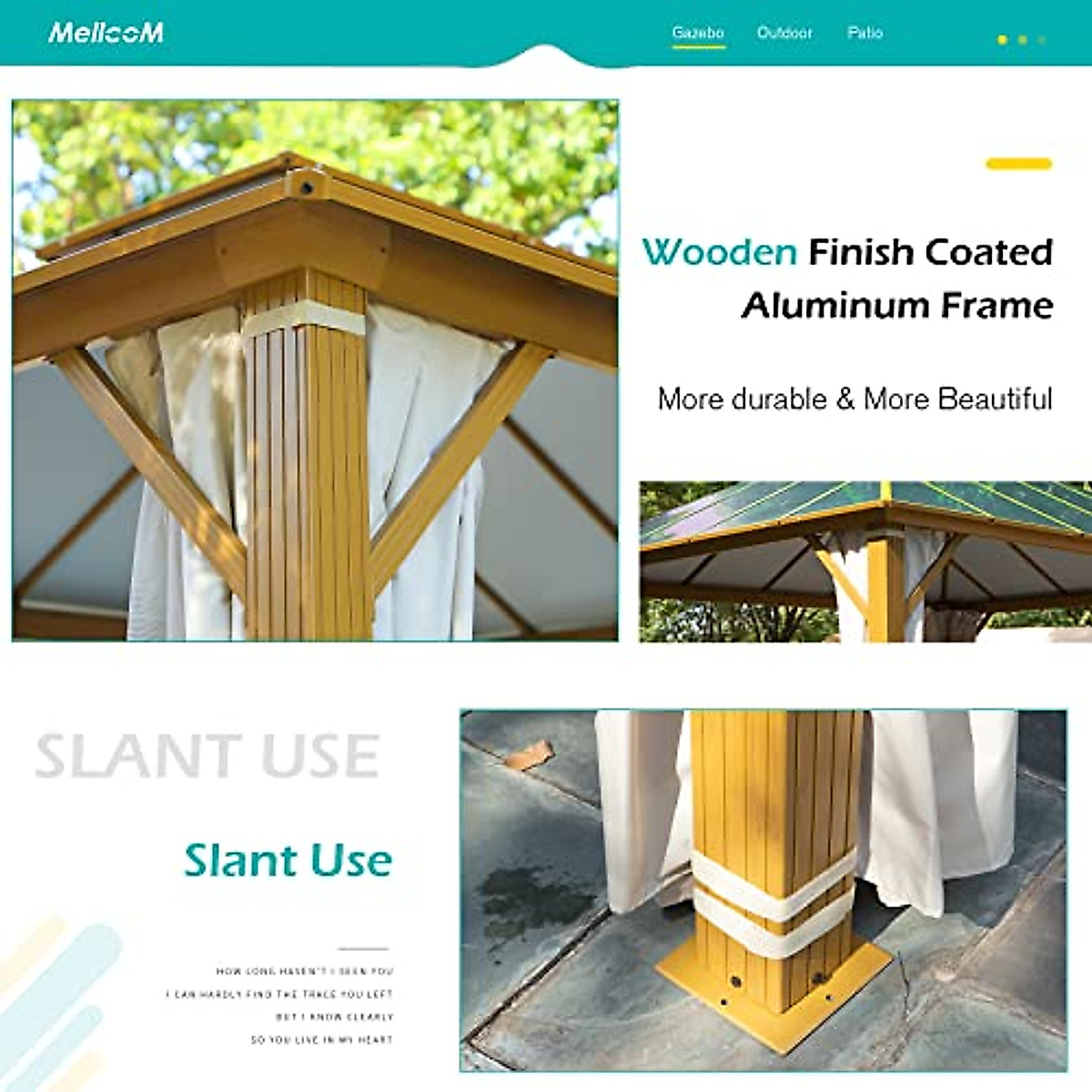 MELLCOM 10' x 12' Hardtop Gazebo, Wooden Finish Coated Aluminum Frame Outdoor Gazebo with Aluminum Double Roof, Blackish Green Metal Gazebo with Curtains and Nettings for Patios, Gardens, Lawns