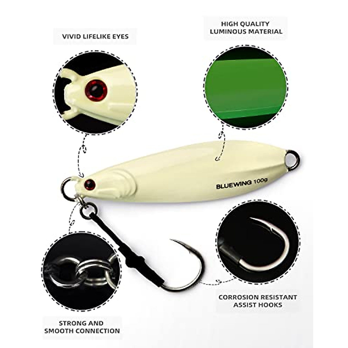 BLUEWING Fishing Lures Saltwater Jigging Lures Vertical Jigs for Saltwater Fish Slow Fall Pitch Sinking Lead Fishing Bait with Hook 150g White