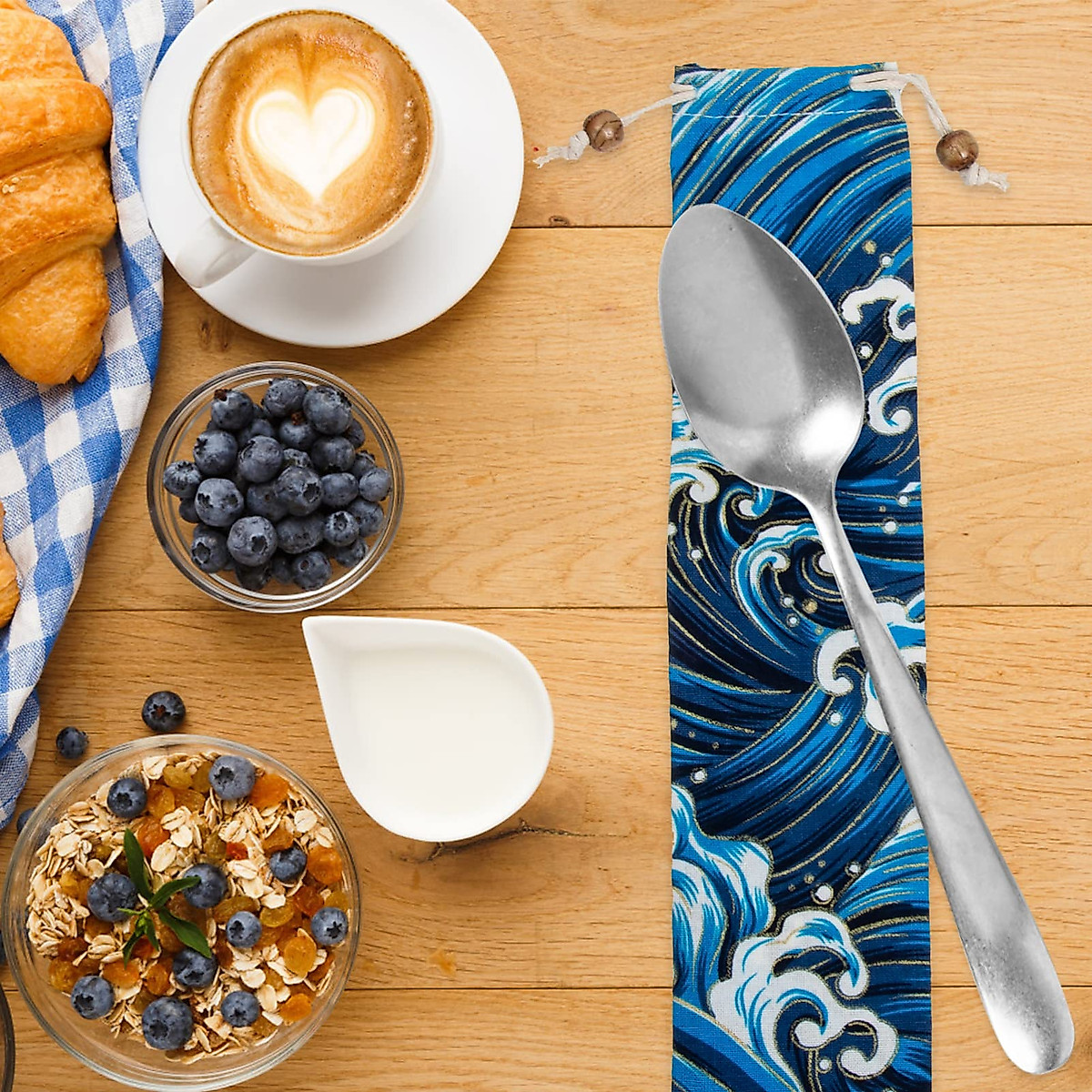 Cabilock Straw Purse 4Pcs Japanese Wave Silverware Holder Chopstick Sleeve Cutlery Pouch Drawsrtings Storage Bag Knife Fork Covers for Fans Tableware Party Favors Hand Fan Protector Pouch