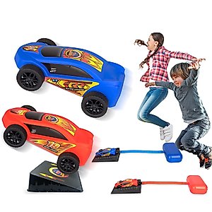 Car Rocket Launcher For Kids Super Catapult Car Racers, Includes 2 Cars, 2 Stomp Launchers, Ramp, finish line, & Decorating Decals, Car Toys for Boys & Girls, Adrenaline-Pumping Outdoor Toys for Kids