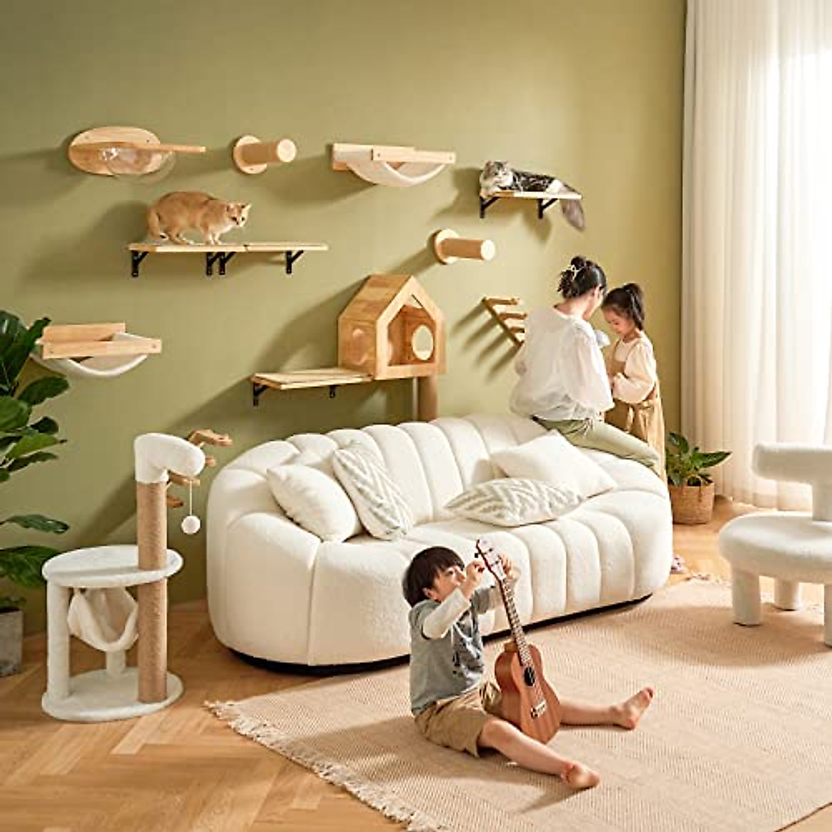 FUKUMARU Cat Scratching Post, 31.5 Inch Cat Tree with Hammock, Unique and Cute Small Horse Cat Tower with Perch for Indoor Cats