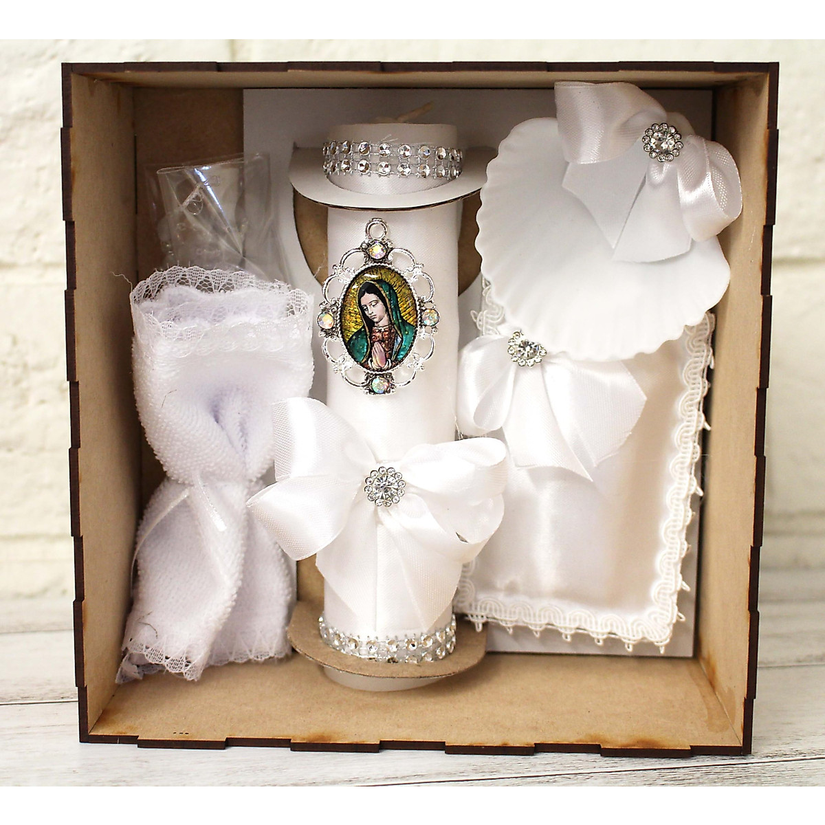 Elegant Wood Box 5pc Our Lady Guadalupe Charm Rhinestone Mi Bautizo Baptism Gift Set Rosary Candle Communion Espanol Nina Nino Favor Bible Velas Recuerdos