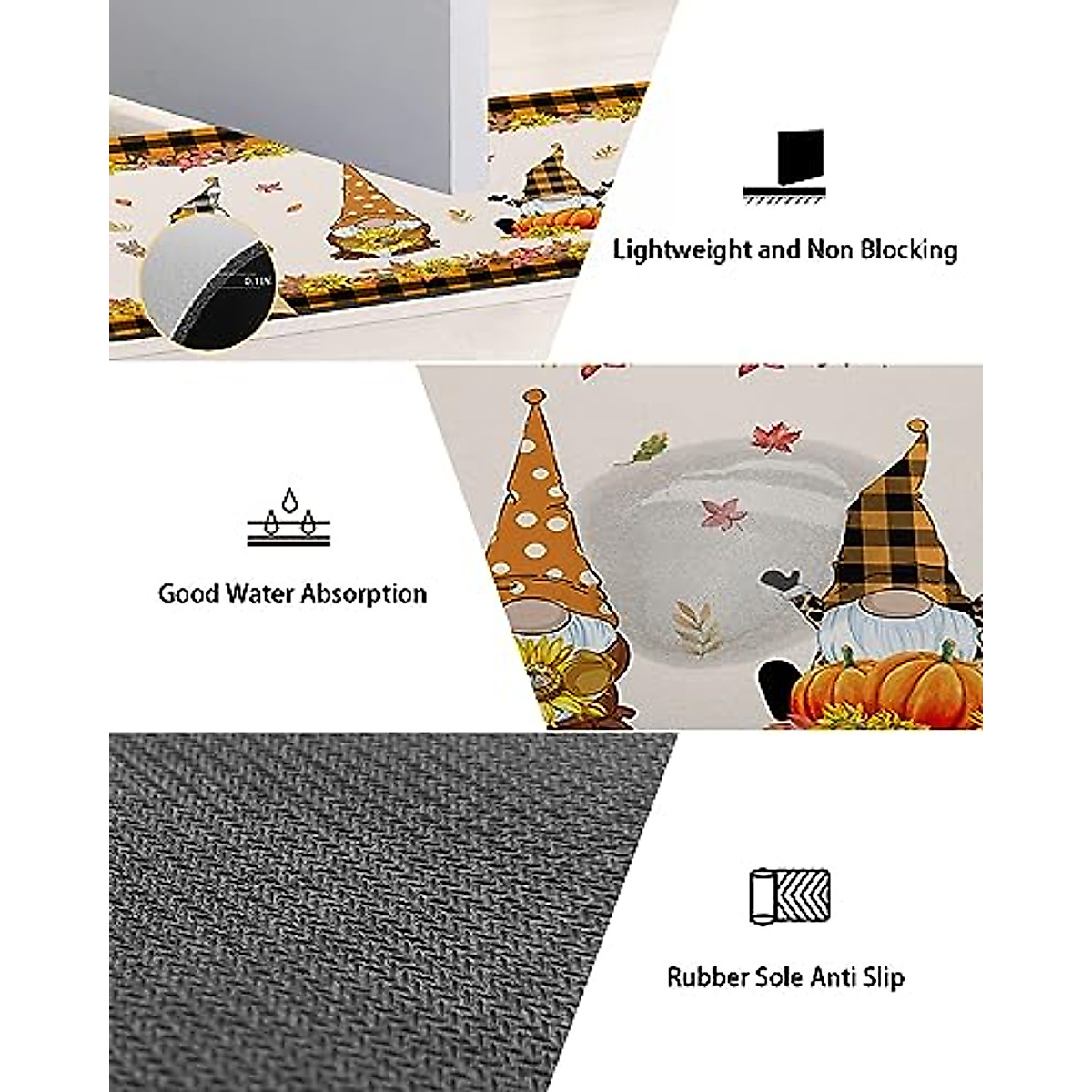 Bathroom Floor Shower Mat, Non-Slip Small Rugs - Easy to Clean, Happy Thanksgiving Day Dwarf Gnome with Pumpkin Sunflower Durable Bath Rug 18"x30" Washable Quick Dry Mats for Bathtubs