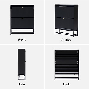 RARZOE Fluted Shoe Cabinet with 2 Flip Drawers, Modern Slim Shoe Storage Organizer, Narrow Entryway Shoe Rack, Tipping Shoe Cabinet with Metal Legs for Heels, Boots, Slippers in Entrance, Black