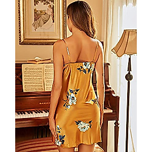 Shymay Women's Satin Pajamas Set Floral Robe and Night Dress 2Pcs Sleepwear Nightgown Set (Yellow, Small)