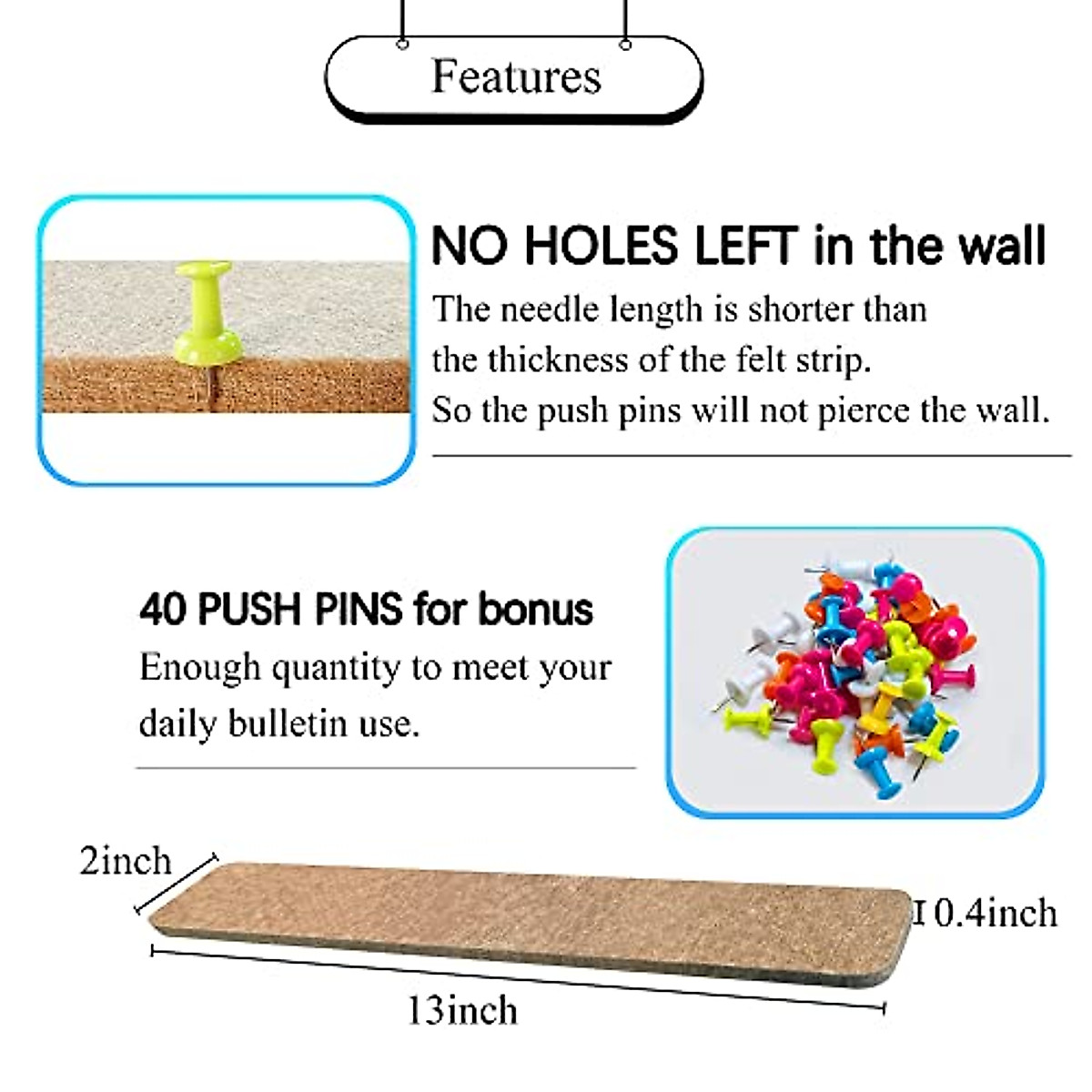 Felt Pin Board Bar Strips Bulletin Board Tiles for Wall Damage-Free with 40 Push Pins Memo Notice Boards as Classroom Office Decor, 4 Pack