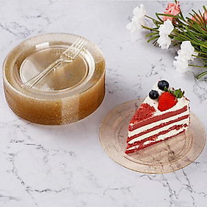 Goodluck 60 Plastic Dessert Plates 6.3" with 60 Plastic Forks 5.7", Gold Glitter Disposable Plates for 60 Guests, Heavy Duty Plastic Plates for Party, Appetizer Plates for Wedding