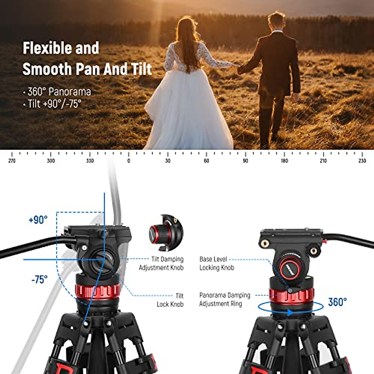 NEEWER 74" Pro Video Tripod with Fluid Head, All Metal Heavy Duty QR Plate Compatible with DJI RS Gimbals Manfrotto, Flexible 360° Pan&+90°/-75° Tilt with Adjustable Damping Max Load 18lb/8kg, TP75