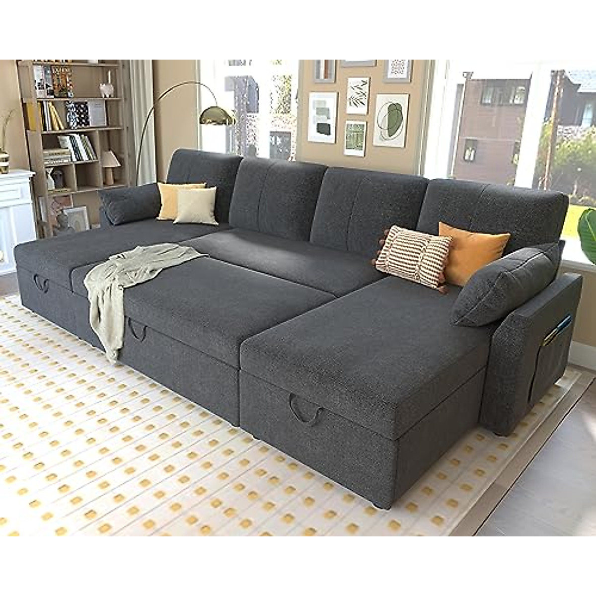 VanAcc Sleeper Sofa, 110 inch Oversize - 2 in 1 Pull Out Bed, Sectional Sleeper Sofa with Double Storage Chaise for Living Room, Grey Linen Couch