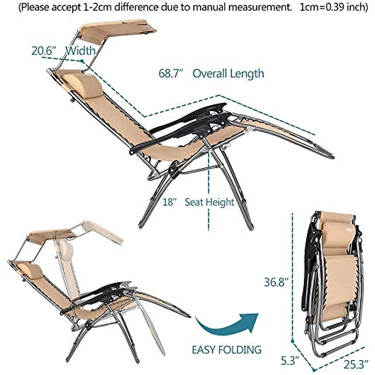 Bonnlo Zero Gravity Chair with Canopy Shade Patio Sunshade Lounge Chair, Folding Chair with Canopy Reclining Canopy Chairs with Cup Holder and Headrest for Beach Garden (Khaki)
