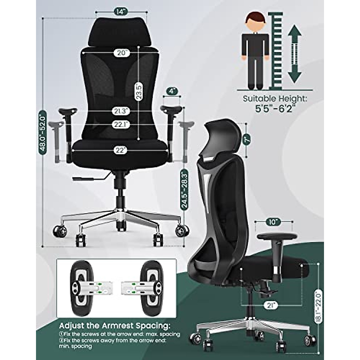 Raynesys Big and Tall Office Chair for Heavy People, 400LBS Capacity with Wide Seat,Heavy Duty Material, Adjustable Armrests, Ergonomic Executive Chair for Home Office with Strong Lumbar Support,Black