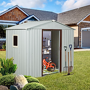 SPOFLYINN Tool Storage Shed with Sliding Doors Padlock Large Space Easy Assembly Outdoor Storage House for Bike Trash Can Machine (8ft x 4ft) White One Size