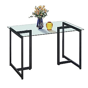 FurnitureR Tempered Glass Dining Table 55 inches for 4-6 Persons Modern Rectangular Spacious Tabletop & Gold Legs Elegant for Home Kitchen Living Room Restaurant, Black