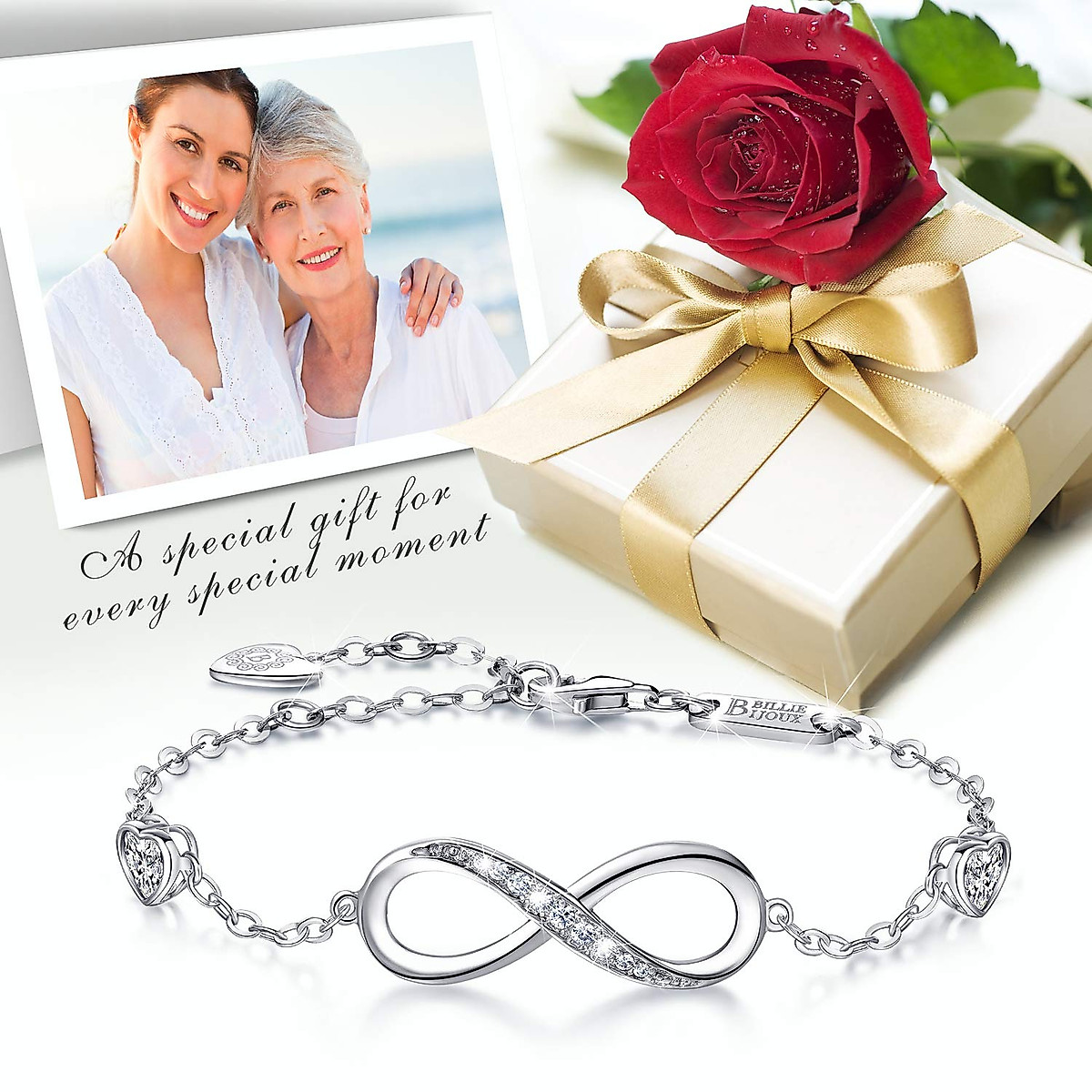 Billie Bijoux 925 Sterling Silver Infinity Womens Bracelet White Gold Plated Love Symbol Charm Adjustable Small Bracelet