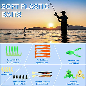 Fishing Lures Tackle Box Bass Fishing Kit Including Animated Lure,Crankbaits,Spinnerbaits,Soft Plastic Worms, Topwater Lures,Hooks,Saltwater & Freshwater Fishing Gear for Bass,Trout, Salmon.