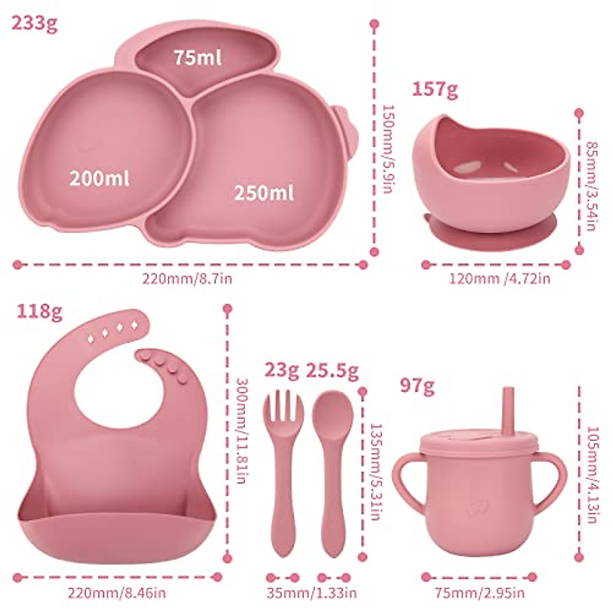 Puxdiauk Silicone Baby Feeding Set, 6 Pcs Baby Led Weaning Supplies with Rabbit Suction Plates, Toddler Bowls Forks and Spoons Bib Cup, Sturdy and NO-BPA for Kid, Dark Pink