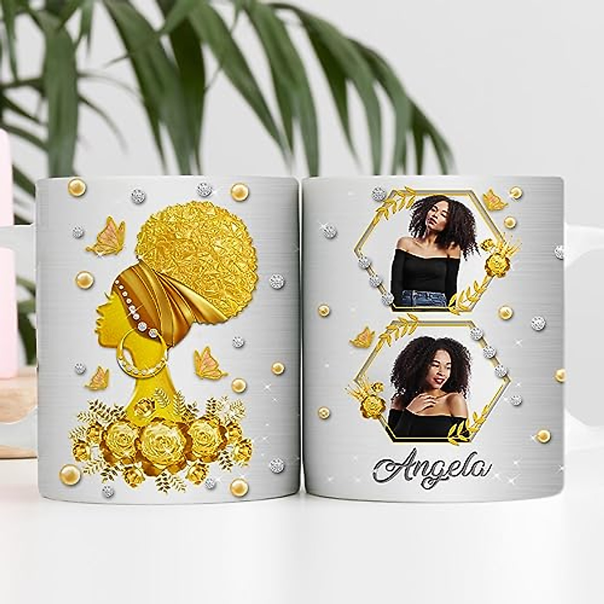 White Ceramic Coffee Mug Photo Mugs Personalized Picture Custom Name Birthday Gifts For Black Women Friends Girls Jewelry Style Novelty Tea Cup Table Desk Accessories 11 And 15 Oz