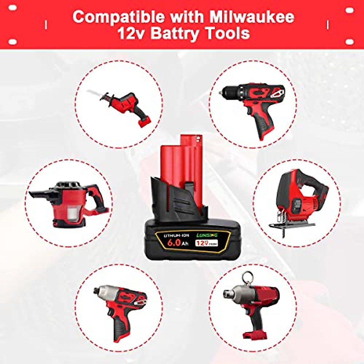 LUMSING M-12 6000Ah 12V Lithium-Ion XC Extended Capacity Battery (2-Pack) Replacement for Milwaukee 48-11-2460 M-12 Battery 48-11-2411 48-11-2420 48-11-2401 48-11-2402 48-11-2440