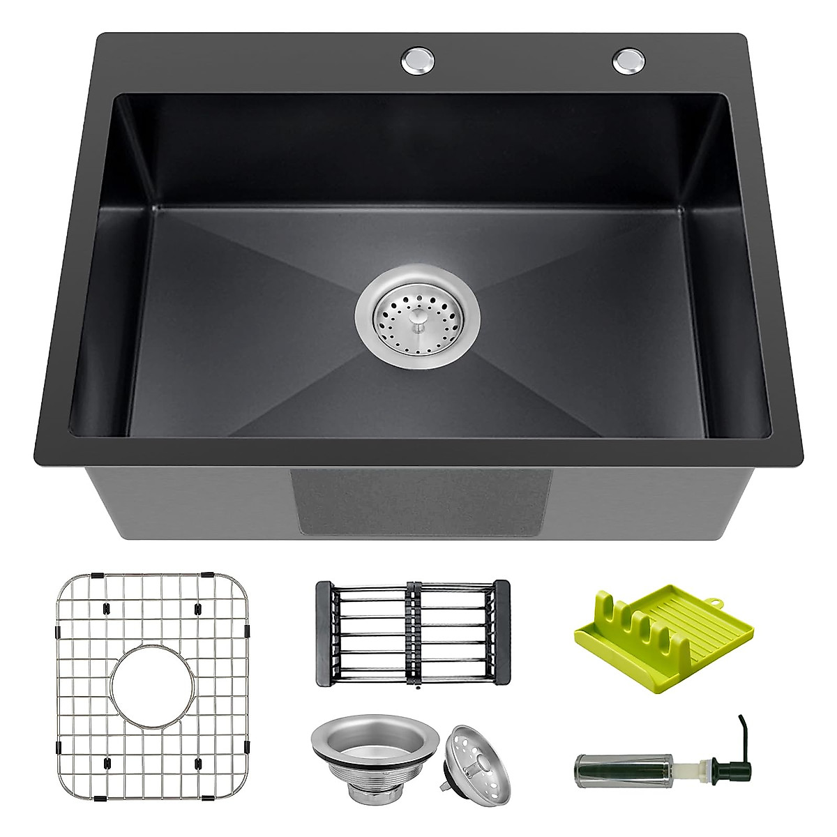Black Kitchen Sink, Topmount Stainless Steel Bar Sink 25x18x9 Inch Drop In Single Bowl Kitchen Sink With Accessories-Sink Grid,Strainer Basket,Soap Dispenser,Drain Assembly Set For Modern Kitchen Sink