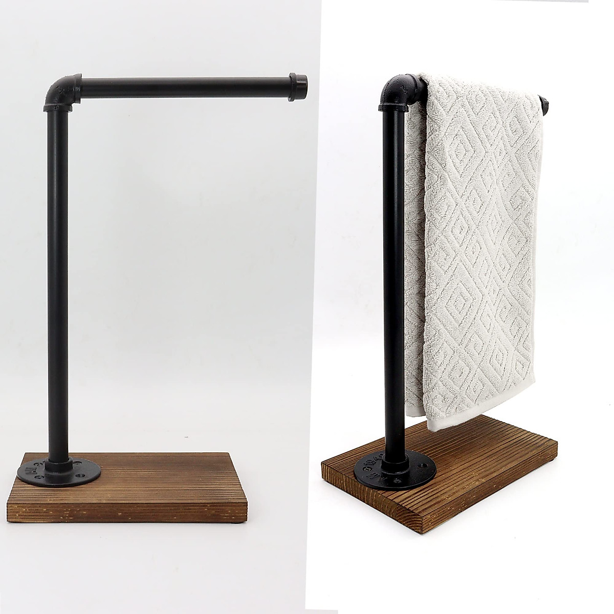 YESSAP 15'' Hand Towel Holder, L Shaped Towel Holder Stand with Weighted Base, Black Hand Towel Stand for Bathroom Kitchen Countertop