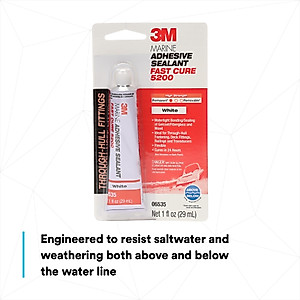 3M Marine Adhesive Sealant Fast Cure 5200 (05220) Permanent Bonding and Sealing for Boats and RVs Above and Below the Waterline Waterproof Repair, White, 3 fl oz Tube