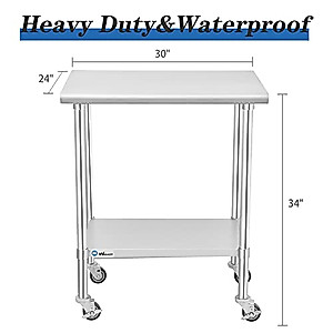 Aplancee Stainless Steel Table, 30 x 24 Inches Prep & Work Table with Caster and Adjustable Undershelf Metal Utility Workstations for Commercial Kitchen