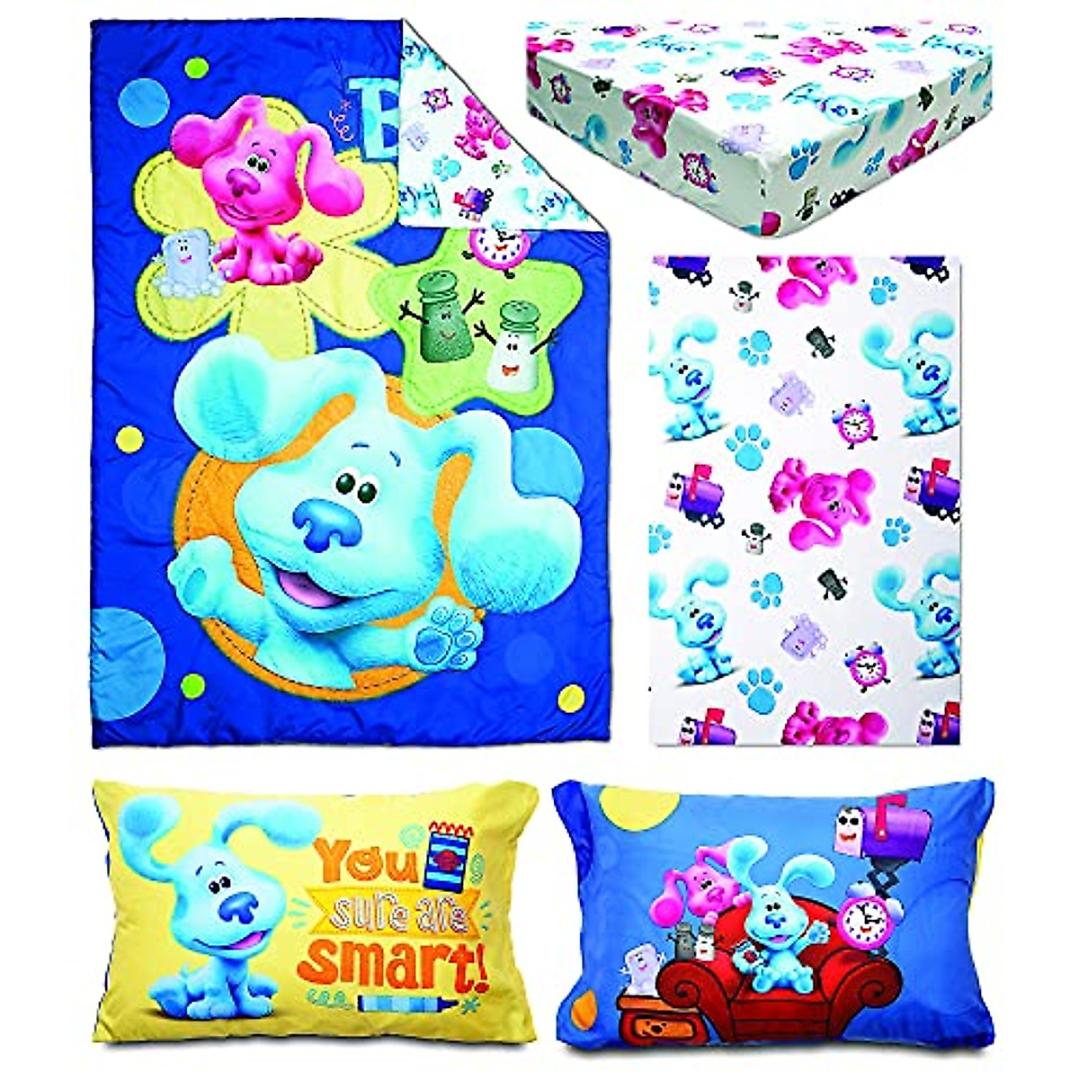 Blues Clues You Are Smart 4 Piece Toddler Bedding Set – Includes Comforter, Sheet Set – Fitted + Top Sheet + Reversible Pillowcase for Boys And Girls Beds, Blue