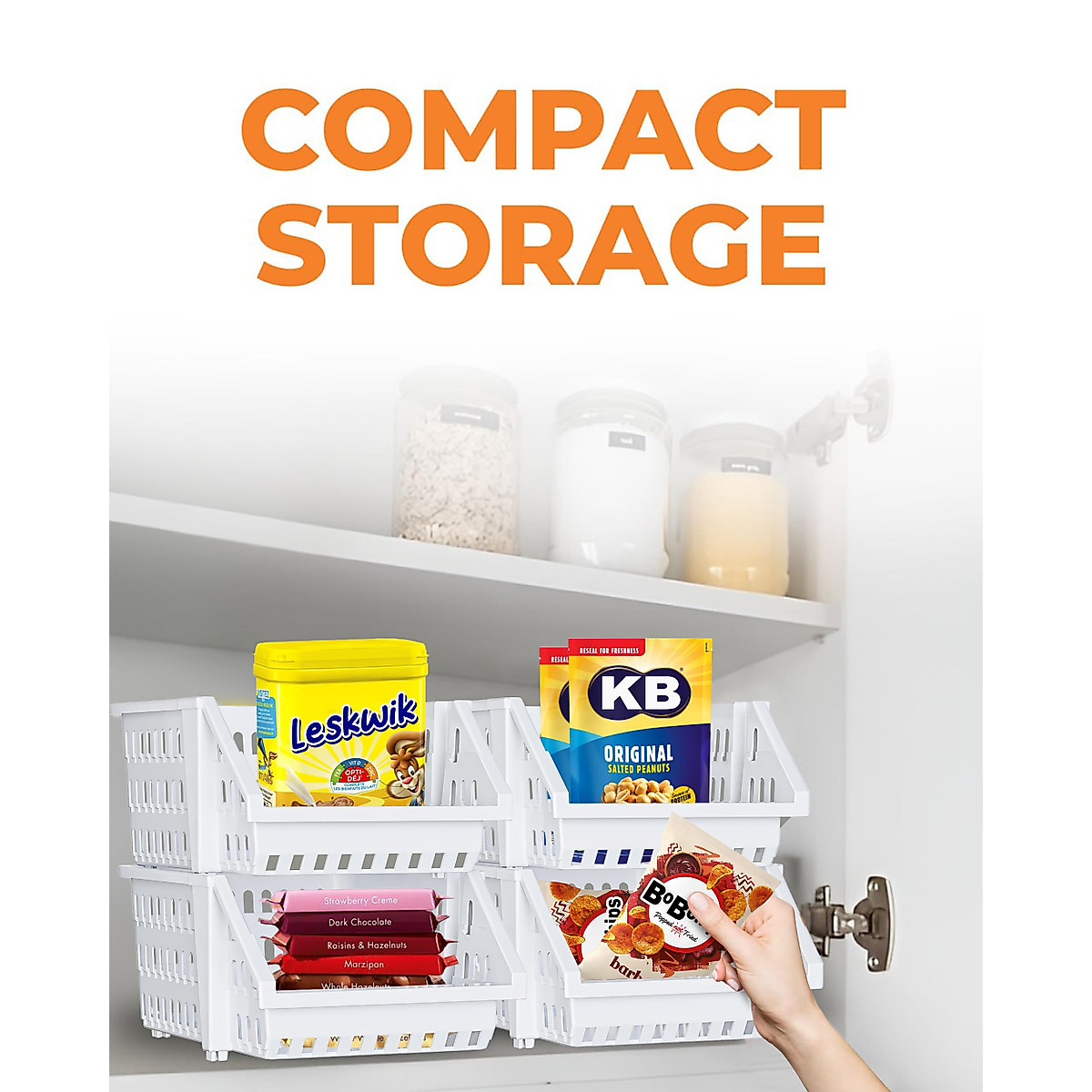 Skywin Plastic Stackable Storage Bins for Pantry - 4-Pack Small Open Front Storage Bins For Toy Organizers and Storage Bins For Pantry, Kitchen, and Bathroom Essentials (White)